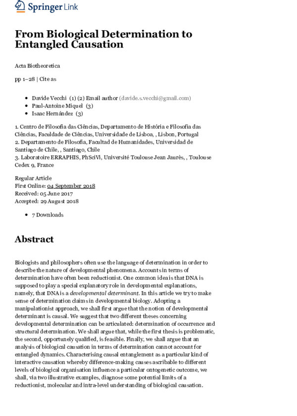 (PDF) From Biological Determination to Entangled Causation