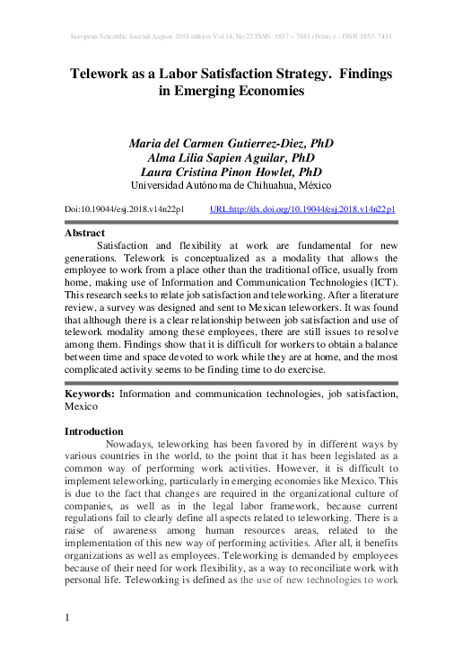 (PDF) Telework as a Labor Satisfaction Strategy. Findings in Emerging ...