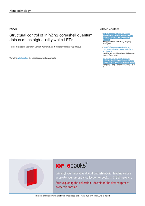(PDF) Structural control of InP/ZnS core/shell quantum dots enables high-quality white LEDs