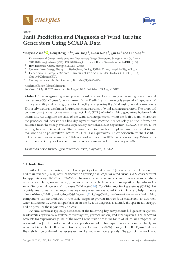 Pdf Fault Prediction And Diagnosis Of Wind Turbine Generators Using Scada Data