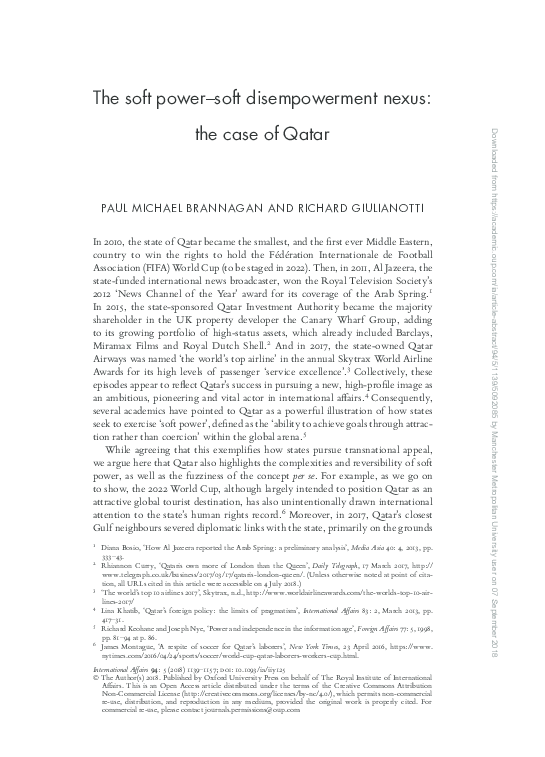 (PDF) The soft power–soft disempowerment nexus: the case of Qatar