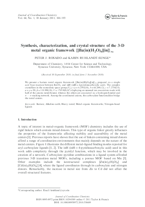 (PDF) Synthesis, characterization, and crystal structure of the 3-D ...