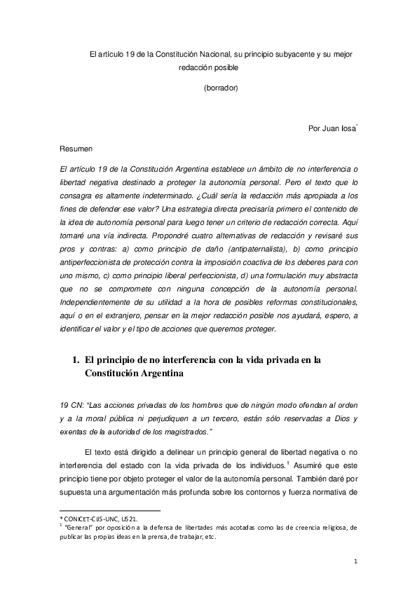 (PDF) El articulo 19 de la Constitución Nacional Argentina, su ...