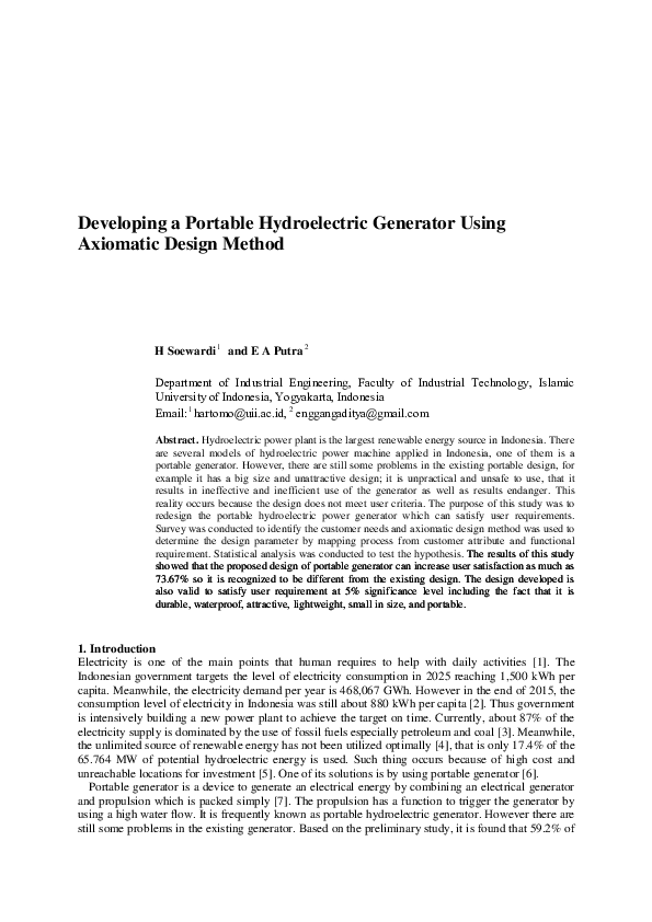 (PDF) Developing a Portable Hydroelectric Generator Using Axiomatic Design Method
