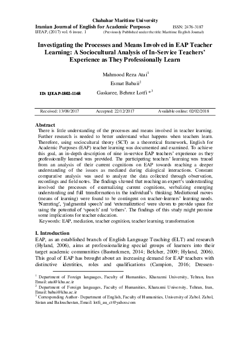 (PDF) Investigating the Processes and Means Involved in EAP Teacher Learning: A Sociocultural ...