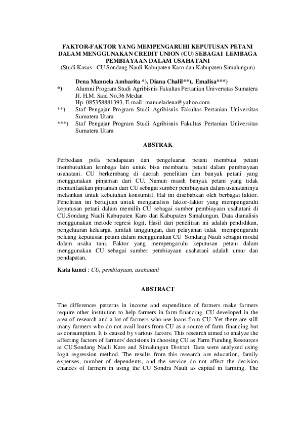 (PDF) FAKTOR-FAKTOR YANG MEMPENGARUHI KEPUTUSAN PETANI DALAM MENGGUNAKAN CREDIT UNION (CU ...