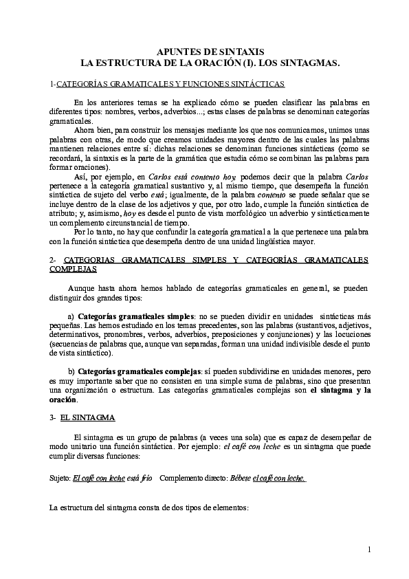 (DOC) APUNTES DE SINTAXIS LA ESTRUCTURA DE LA ORACIÓN (I). LOS SINTAGMAS
