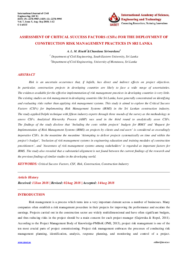 (PDF) ASSESSMENT OF CRITICAL SUCCESS FACTORS (CSFs) FOR THE DEPLOYMENT OF CONSTRUCTION RISK ...