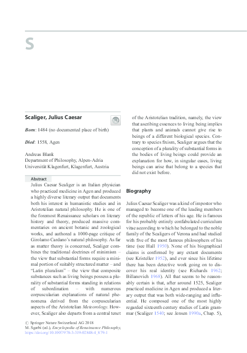 (PDF) Julius Caesar Scaliger (Encyclopedia of Renaissance Philosophy)