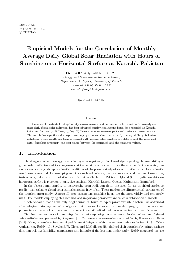 Pdf Empirical Models For The Correlation Of Monthly Average Daily Global Solar Radiation With
