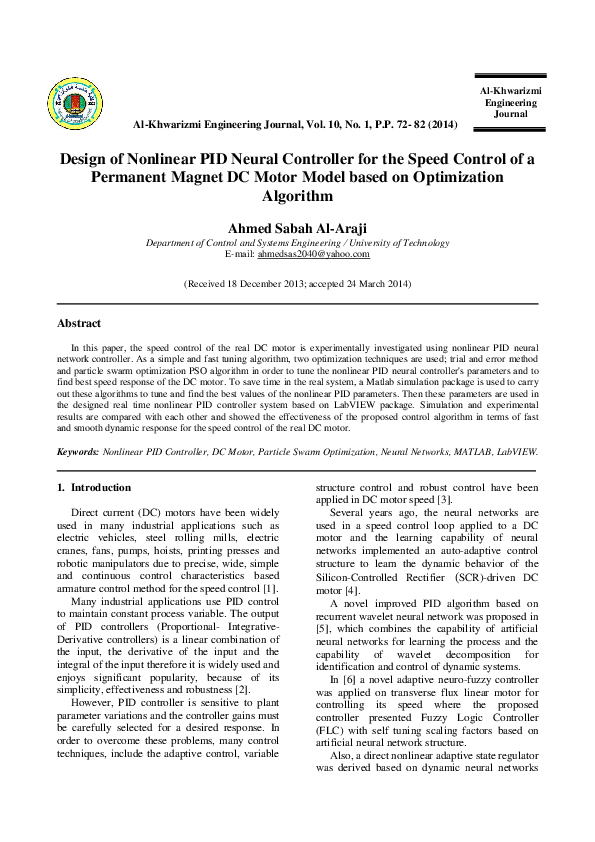 Pdf Design Of Nonlinear Pid Neural Controller For The Speed Control