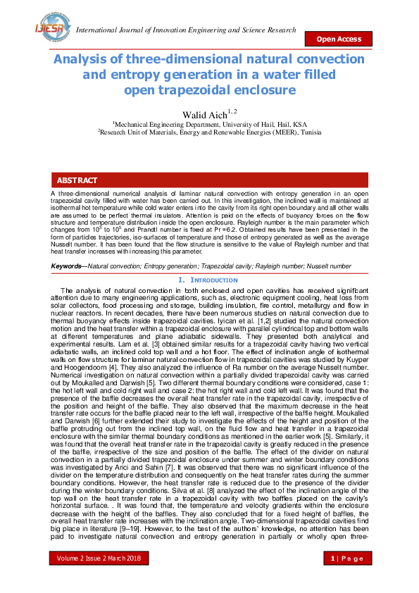 Pdf Analysis Of Three Dimensional Natural Convection And Entropy Generation In A Water Filled
