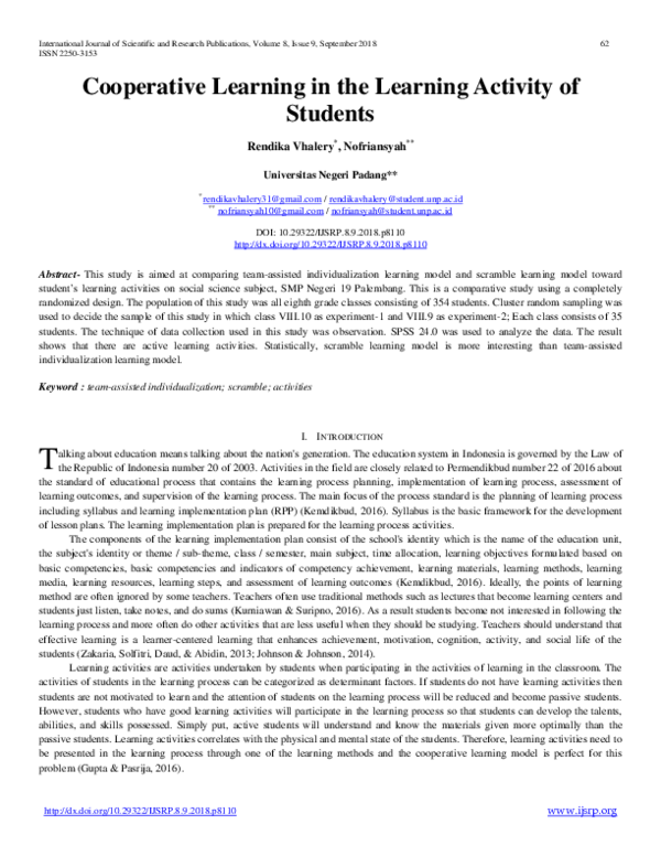 (PDF) Cooperative Learning in the Learning Activity of Students