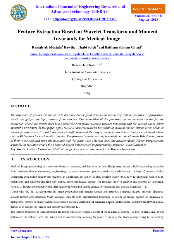 Pdf Feature Extraction Based On Wavelet Transform And Moment Invariants For Medical Image