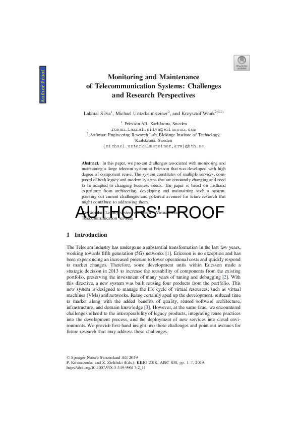 (PDF) Monitoring and Maintenance of Telecommunication Systems ...