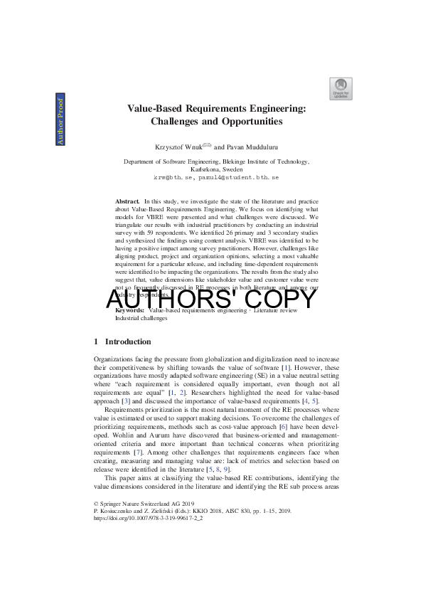 (PDF) Value-Based Requirements Engineering: Challenges and Opportunities