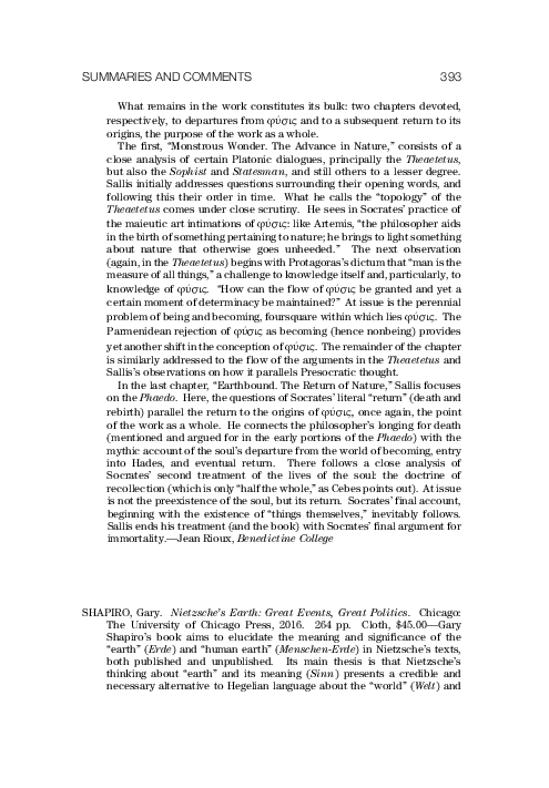 Robert Miner review of G Shapiro Nietzsche's Earth