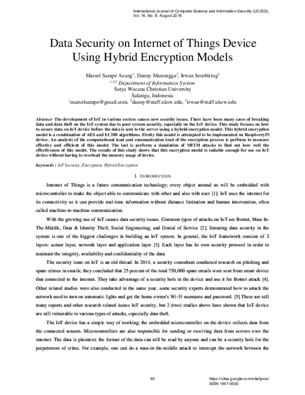 Pdf Data Security On Internet Of Things Device Using Hybrid Encryption Models Journal Of