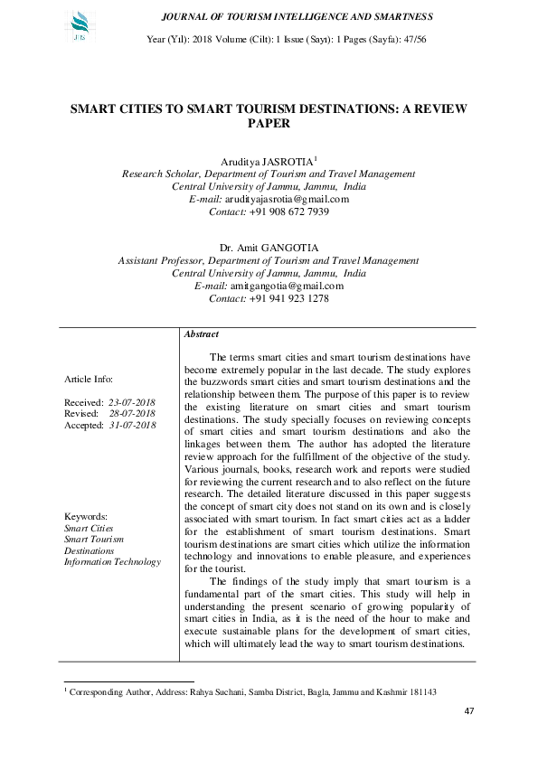 (PDF) SMART CITIES TO SMART TOURISM DESTINATIONS: A REVIEW PAPER