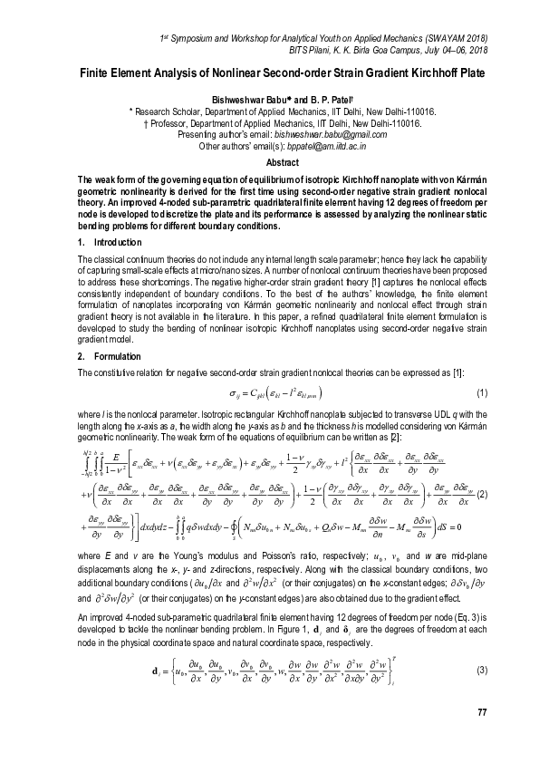 (PDF) Finite element analysis of nonlinear second-order strain gradient Kirchhoff plate ...