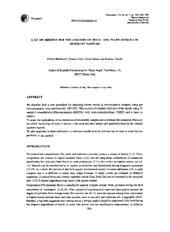 (PDF) A GC-MS method for the analysis of fecal and plant sterols in sediment samples