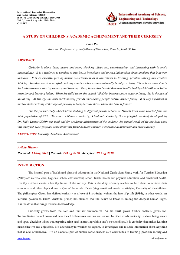 (PDF) A STUDY ON CHILDREN'S ACADEMIC ACHIEVEMENT AND THEIR CURIOSITY