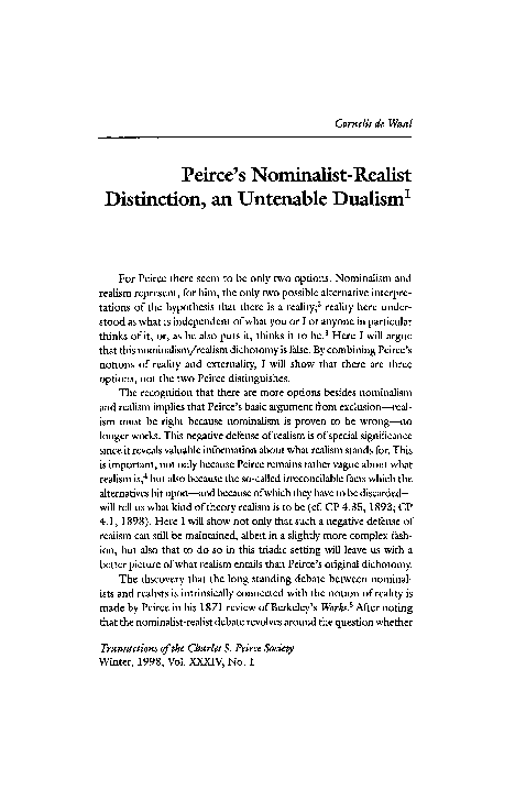 (PDF) Peirce's Nominalist-Realist Distinction, an Untenable Dualism ...
