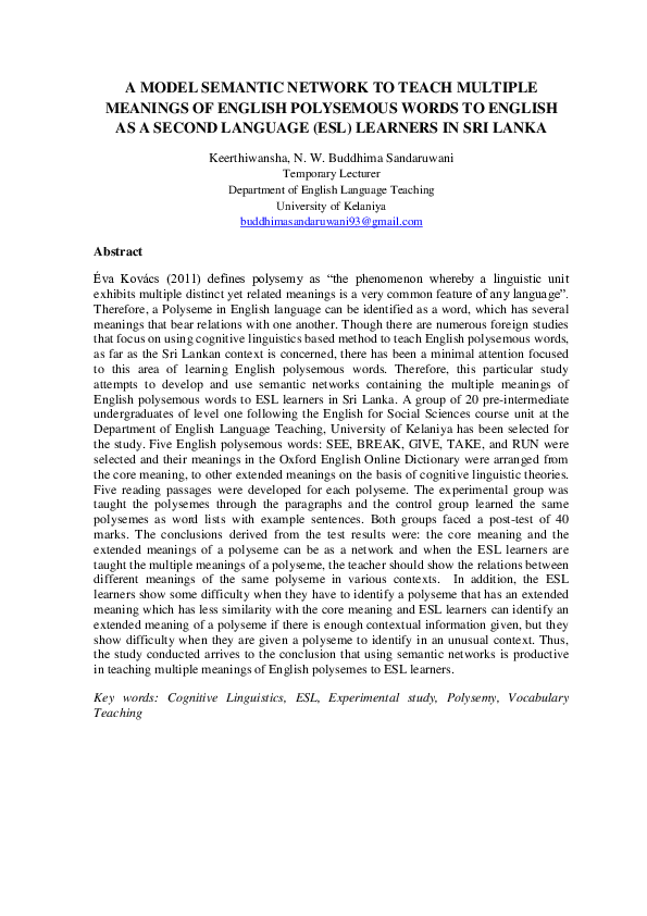 (PDF) A MODEL SEMANTIC NETWORK TO TEACH MULTIPLE MEANINGS OF ENGLISH POLYSEMOUS WORDS TO ENGLISH ...