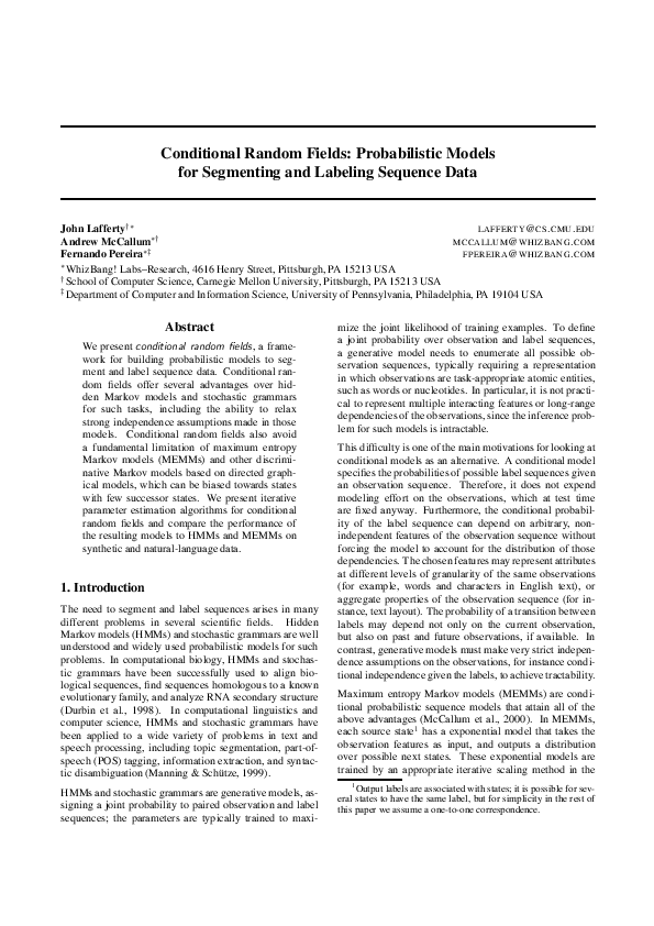 (PDF) Conditional Random Fields: Probabilistic Models for Segmenting and Labeling Sequence Data