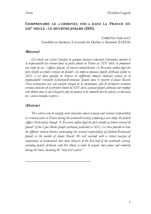 (PDF) Christian Legault - Comprendre le « criminel fou » dans la France ...