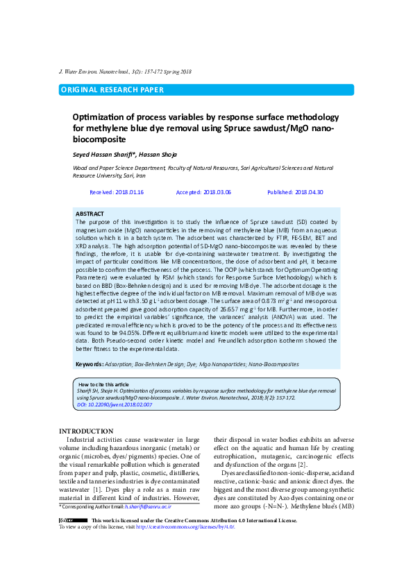 (PDF) Optimization of process variables by response surface methodology for methylene blue dye ...