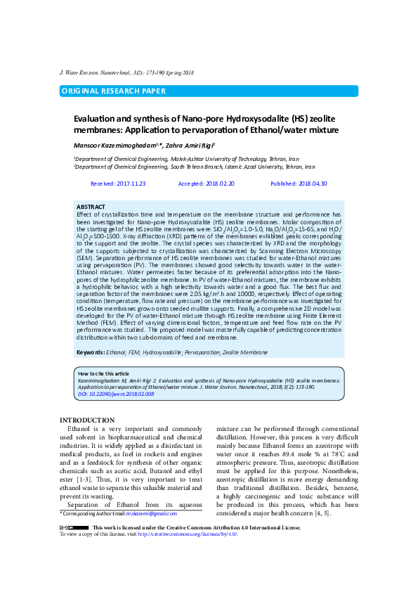 (PDF) Evaluation and synthesis of Nano-pore Hydroxysodalite (HS) zeolite membranes: Application ...