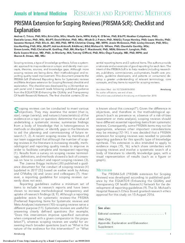 (PDF) PRISMA Extension for Scoping Reviews (PRISMA-ScR): Checklist and ...