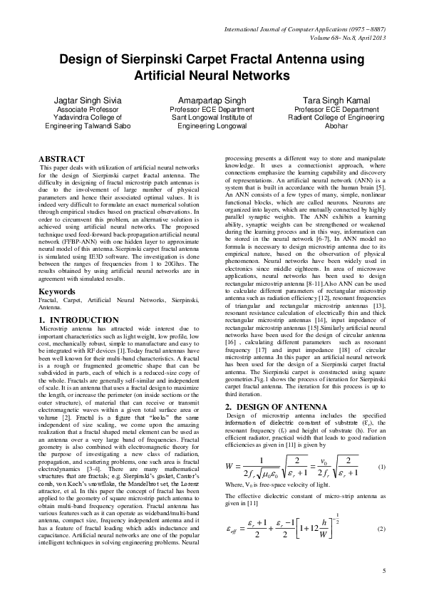 (PDF) Design of Sierpinski Carpet Fractal Antenna using Artificial Neural Networks