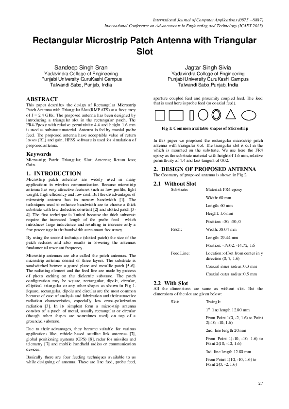 (PDF) Rectangular Microstrip Patch Antenna with Triangular Slot