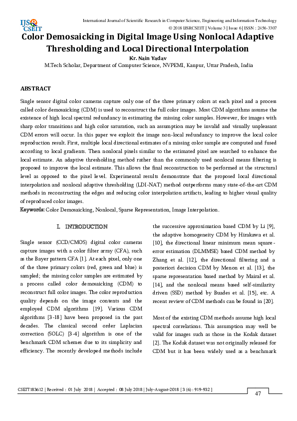 (PDF) Color Demosaicking in Digital Image Using Nonlocal Adaptive Thresholding and Local ...