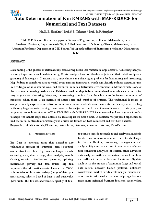 Pdf Auto Determination Of K In Kmeans With Map Reduce For Numerical And Text Datasets