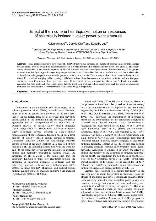 Pdf Effect Of The Incoherent Earthquake Motion On Responses Of Seismically Isolated Nuclear