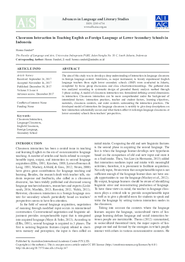 (PDF) Classroom Interaction in Teaching English as Foreign Language at Lower Secondary Schools ...