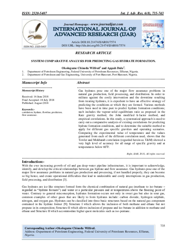 (PDF) SYSTEM COMPARATIVE ANALYSIS FOR PREDICTING GAS HYDRATE FORMATION.