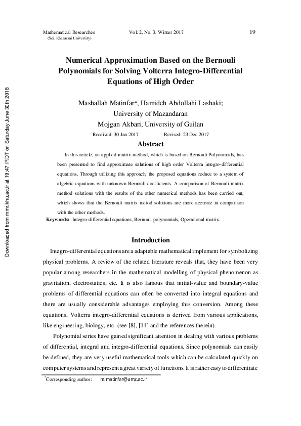 (PDF) Numerical Approximation Based on the Bernouli Polynomials for Solving Volterra Integro ...