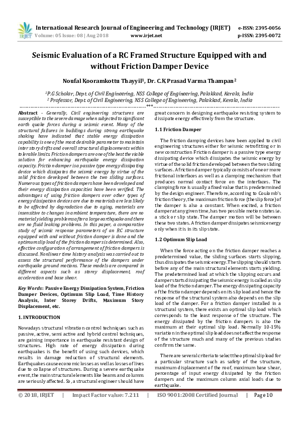 Pdf Irjet Seismic Evaluation Of A Rc Framed Structure Equipped With And Without Friction
