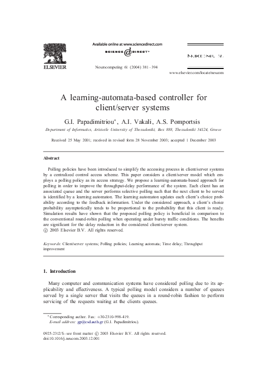 (PDF) A learning-automata-based controller for client/server systems | Athena Vakali - Academia.edu