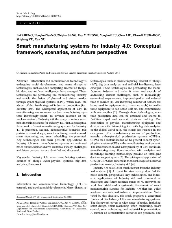 (PDF) Smart manufacturing systems for Industry 4.0: Conceptual ...