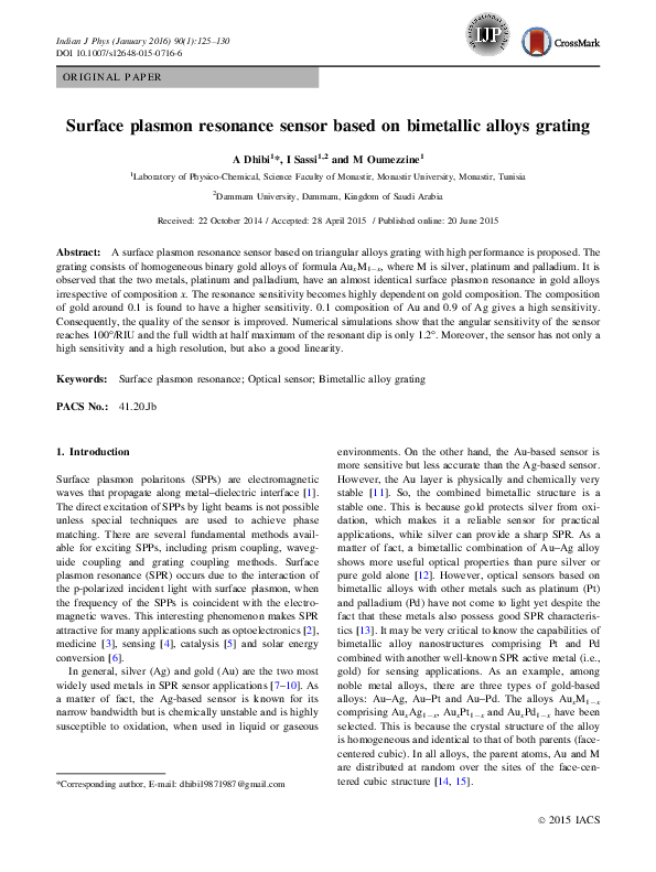 (PDF) Surface plasmon resonance sensor based on bimetallic alloys grating
