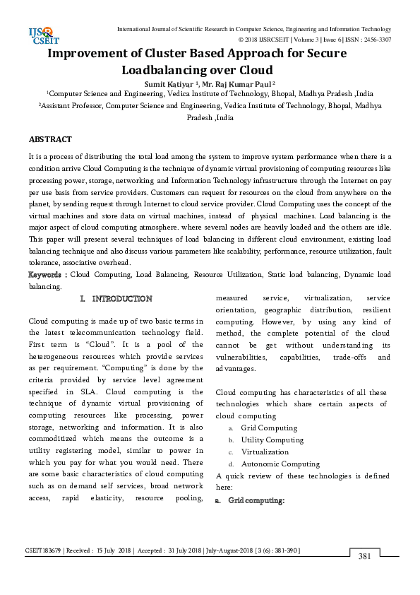 Pdf Improvement Of Cluster Based Approach For Secure Loadbalancing Over Cloud