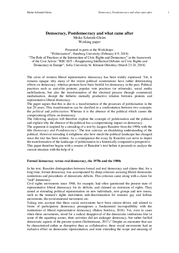 (DOC) Democracy, Postdemocracy and what came after