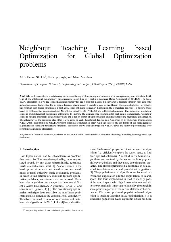 (PDF) Neighbour Teaching Learning based Optimization for Global Optimization problems