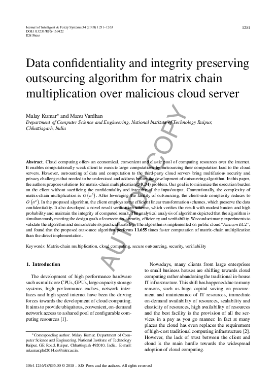 Pdf Data Confidentiality And Integrity Preserving Outsourcing Algorithm For Matrix Chain