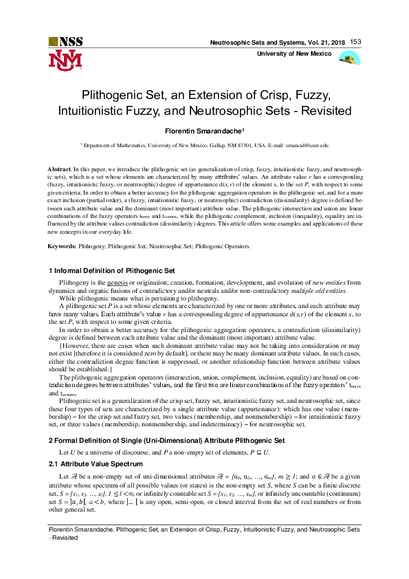 (PDF) Plithogenic Set, an Extension of Crisp, Fuzzy, Intuitionistic Fuzzy, and Neutrosophic Sets ...